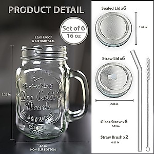 Pinkrella Mason Drinking Jars, 16 oz Glass Mugs Set of 6 with Handles, Airtight & Straw Lids, Glass Straws, Cleaning Brushes