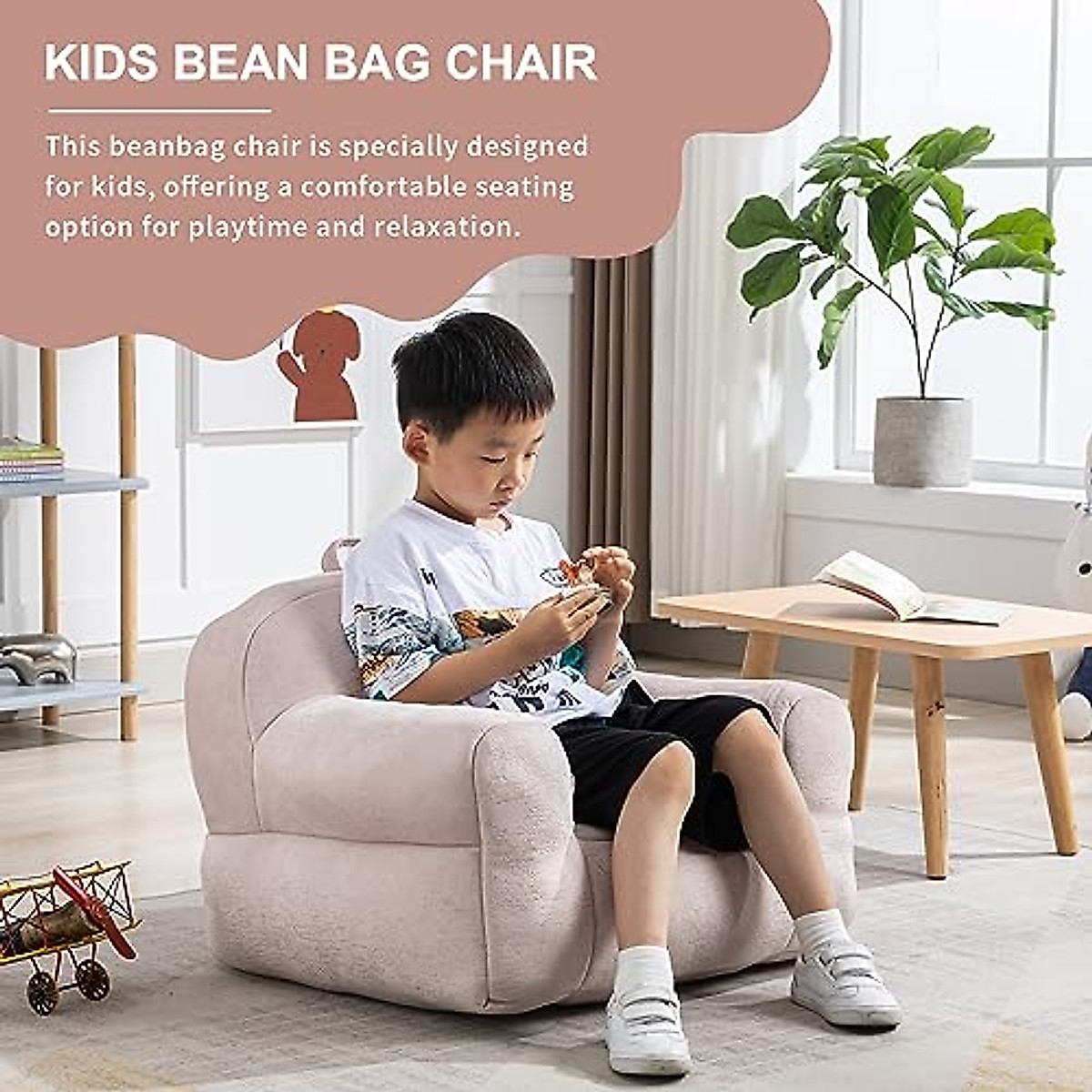 LETESA Kids Bean Bag Chair, Comfy Velvet Fabric Beanbag Chair, Memory Sponge Filled Bean Bag for Living Room, Bedroom, Indoor, No Assembly Required (Pink )