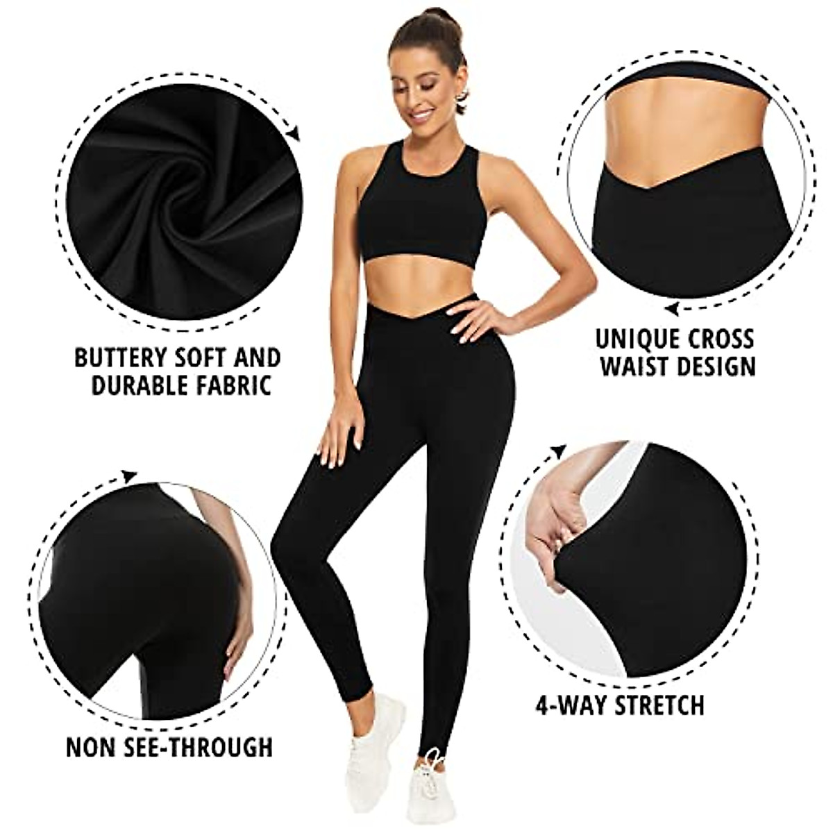 Crossover Leggings for Women Tummy Control - Soft High Waisted Leggings Non See-Through Cross Waist Tights Workout Running Yoga Pants (Black, Large-X-Large)