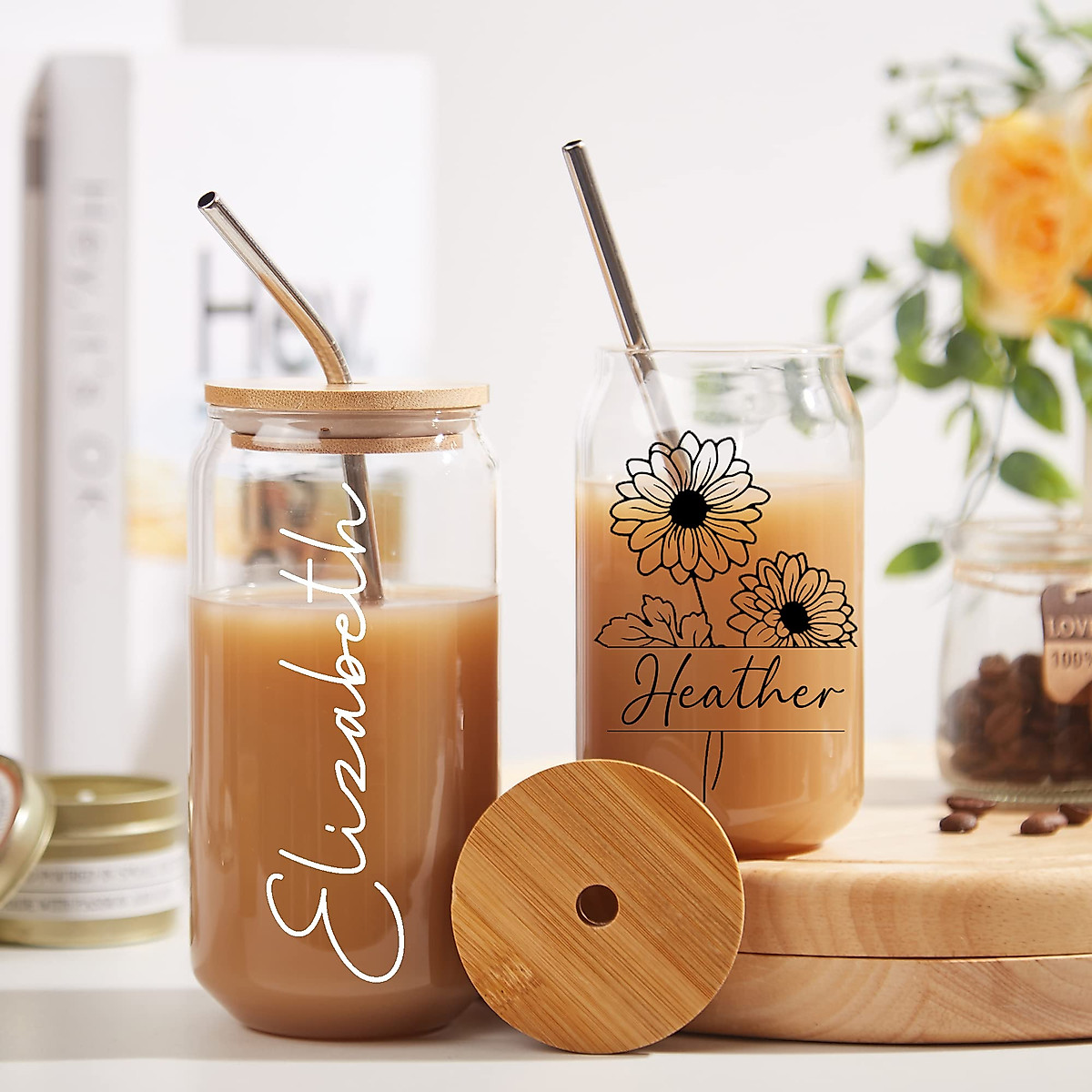 Mostop Personalized Iced Coffee Glass with Lids and Straws, Can Glass Cups, Custom Birth Flower Tumbler, Mother's Day Gift Birthday Gifts, Gifts for Her Girlfriend Bachelorette Party