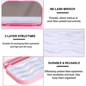 Lash Mirror, AREMOD Eyelash Case 3 Layer False Eyelash Holder Case Lash Organizers and Storage Empty Travel Cosmetic Eyelash Container with Mirror for Makeup(Pink)