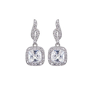 Soar-leap Silver Crystal Square Clip On Earrings Diamond Dangle Earrings for Women Girls Non Pierced for Brides Wedding Bridesmaid