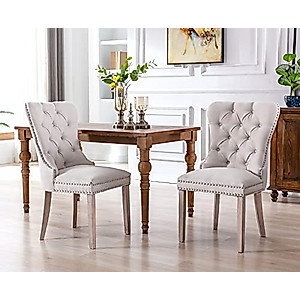 Kmax Linen Elegant Upholstered Dining Chairs, Fabric Armless Accent Chair with Ring Pull Solid Wood Legs, Set of 2 - Beige