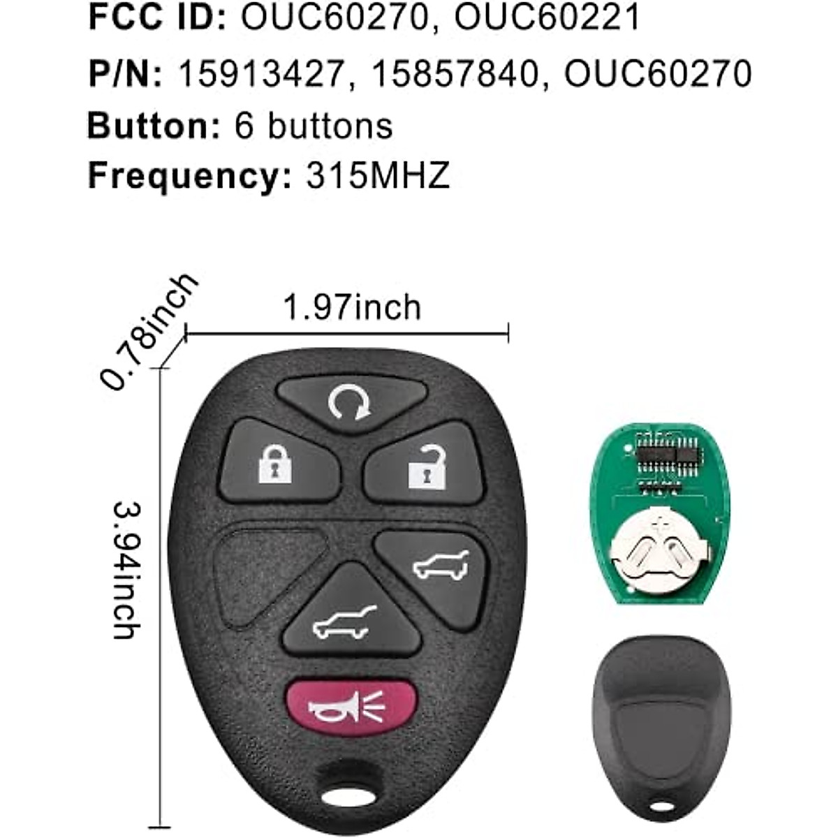 CAUORMOTE Keyless Entry Remote Car Key Fob for 2007-2014 Chevy Avalanche Suburban Tahoe Traverse 2007-2014 GMC Acadia Yukon Denali 2007-2014 Cadillac Escalade (OUC60270, OUC60221, 15913427), 2 Packs