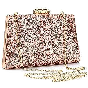 Sparkling Evening Bag Glitter Evening Handbag Party Clutch Shoulder Bag with Removable Chain (Rose gold)