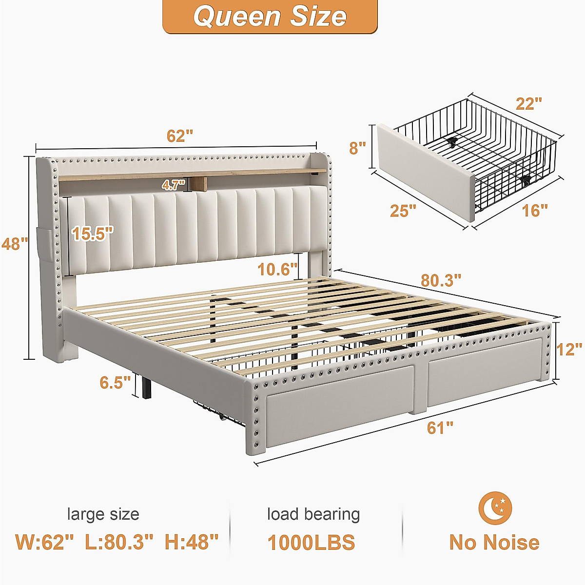 EnHomee Queen Bed Frame with Headboard and Storage, Upholstered Queen Bed Frame with Storage, Queen Size Bed Frame with 2 Drawers, Queen Size Bed Frame with Storage, NO Noise,No Box Spring Needed