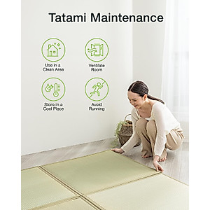 FULI Japanese Square Tatami Rug, Lightweight Igusa Mat (Japanese Rush Grass), Made in Japan (Natural, 4 Pieces)