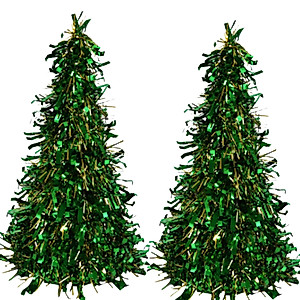 KRE Christmas Tree Glitter House Color Green and Gold Cone-Shaped Tinsel Tabletop 10 Inches Comes with a Bonus Wilame Decoration Supplies for Christmas Thanksgiving New Year Holidays. Pack of 2