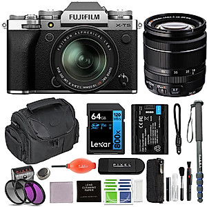 Fujifilm X-T5 Mirrorless Digital Camera with XF18-55mm Lens Bundle with Extra Battery + Monopod + 64GB SD Card + More | USA Authorized with Fujifilm Warranty | Fuji x-t5