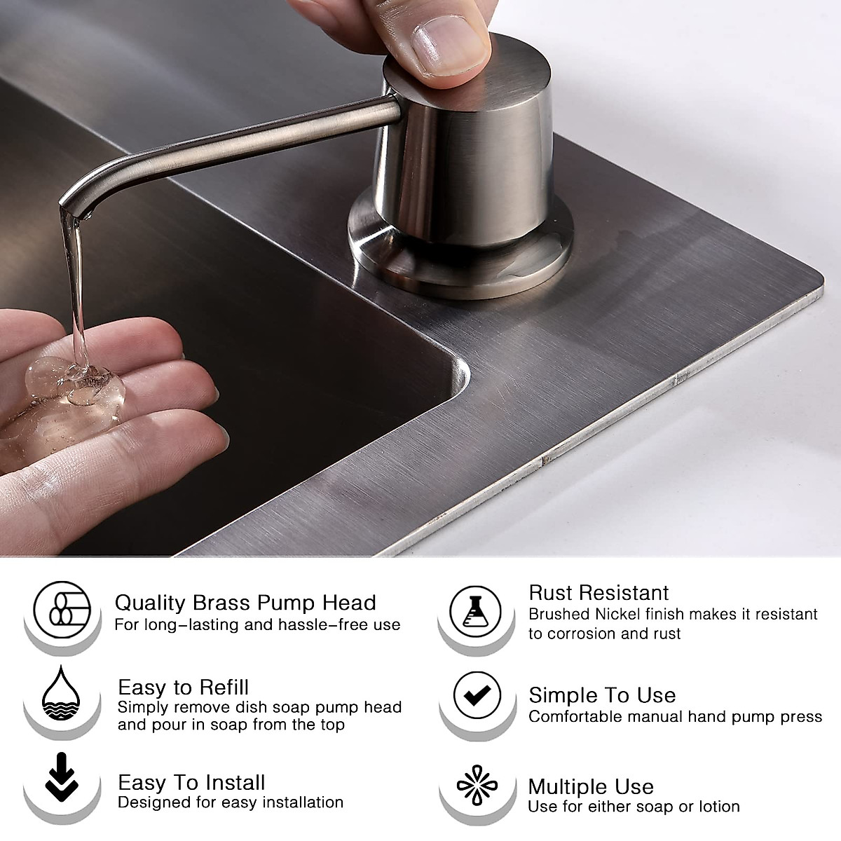 PBF Built in Soap Dispenser for Kitchen Sink, Lotion Dispenser with Above The Sink Refillable Bottle, Brass Pump Head, for countertop, Brushed Nickel