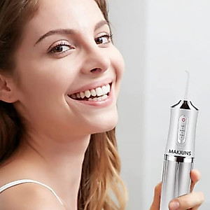 MAKJUNS Water Dental Flosser Cordless Teeth Cleaner with 3 Modes 4 Jets Rechargeable IPX7 Waterproof Dental Oral Irrigator for Travel Home Braces(Silver)