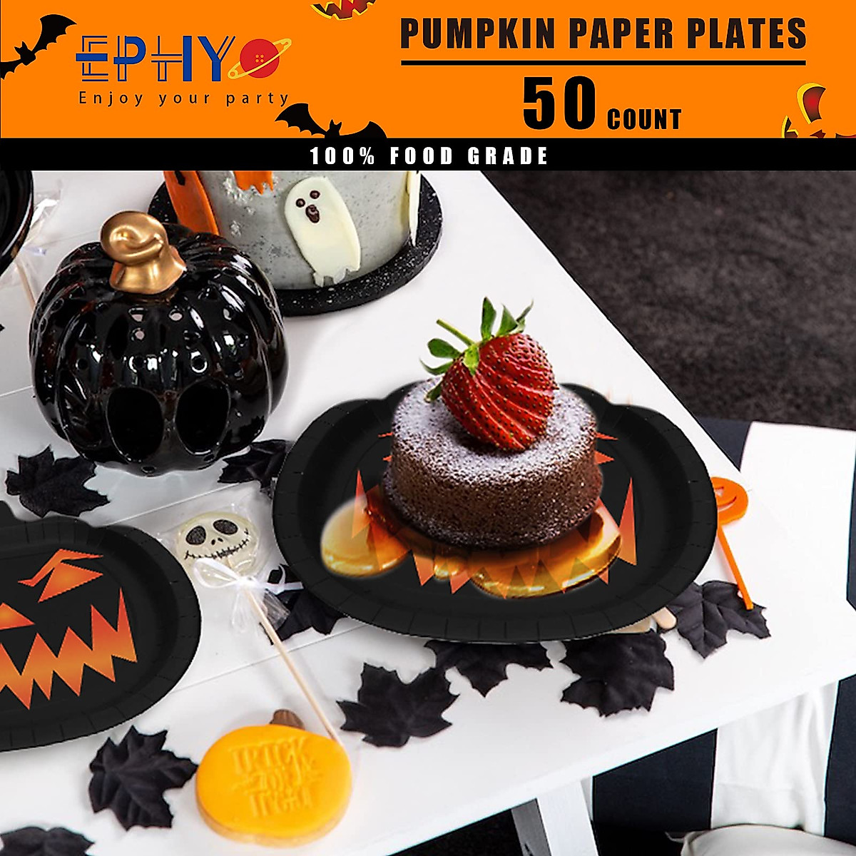 EPHYO 50 Count Halloween Paper Plates Disposable 10 x 10 Inch Party Supplies Dinnerware Plates Black Pumpkin Orange Decoration Plates