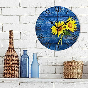 Oreayn Wooden Sunflower Wall Clock for Home Office Bedroom Living Room Decor Non Ticking Yellow Blue