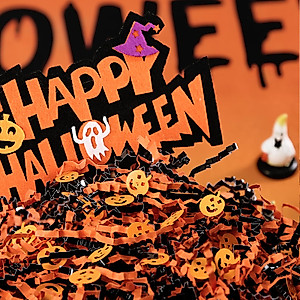 UNIQOOO 1LB Halloween Crinkle Cut Paper, Metallic Black Orange Shredded Paper Raffia Filler w/Pumpkin Confetti, Trick or Treat Candy Gift Basket Box Craft Bedding Cushion, Birthday Party Packaging