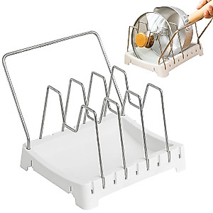 Magicg Pots and pans organizer with 4 Adjustable Organizers for Kitchen Cabinets,Storage Baskets for Shelves，Free Standing Space Saver for Dishes, With Towel Bar (WHITE)