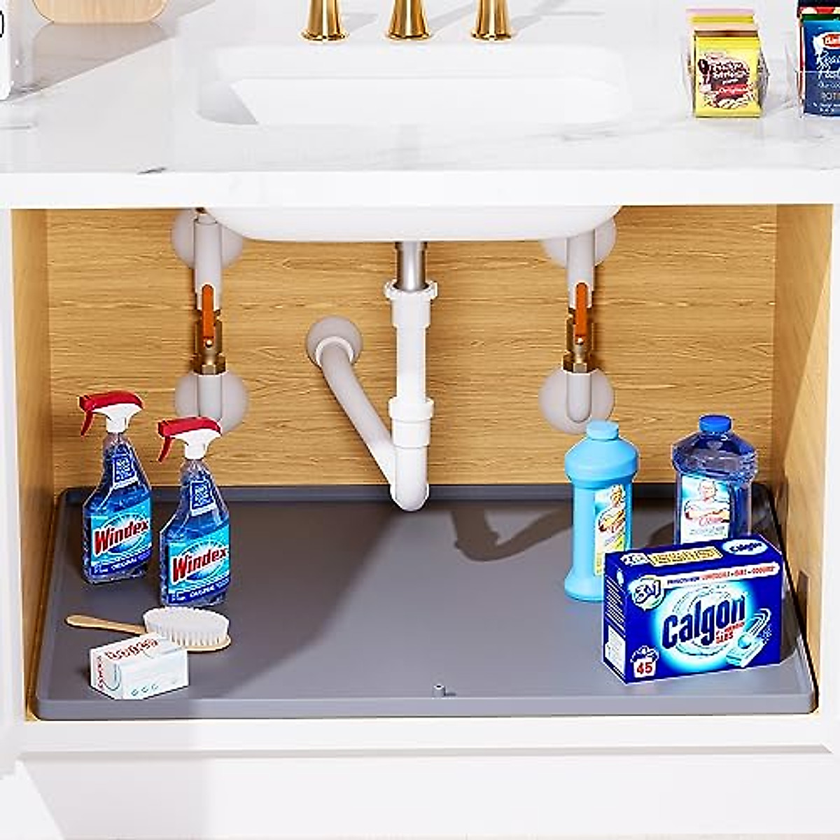 Puricon Under Sink Mat, 28” x 22” Under Sink Mats for Kitchen Waterproof, Silicone Under Sink Liner Under Cabinet Rubber Mat Protector, Flexible Under Sink Drip Tray for 30” Bathroom Cabinet -Gray