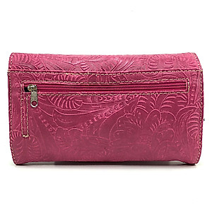 Justin West Western Floral Laser Cut Embroidery Studded Silver Rhinestone Cross Wristlet Trifold Wallet Attachable Long Strap (Purple)