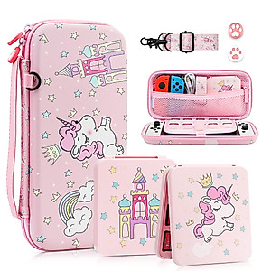 FANPL Carrying Case for Nintendo Switch & OLED Mode, Pink Cute Unicorn Travel Hard Protectiv Cover for Switch with Games Case