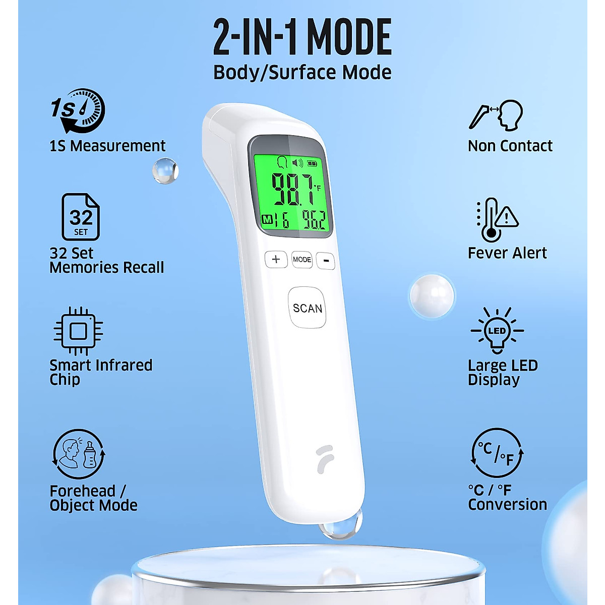Thermometer for Adults and Kids, No-Touch Forehead Thermometer with Object Mode Function,Fever Alert and 32 Set Memory Recall,Instant Accurate Reading Digital Baby Thermometer for Fever