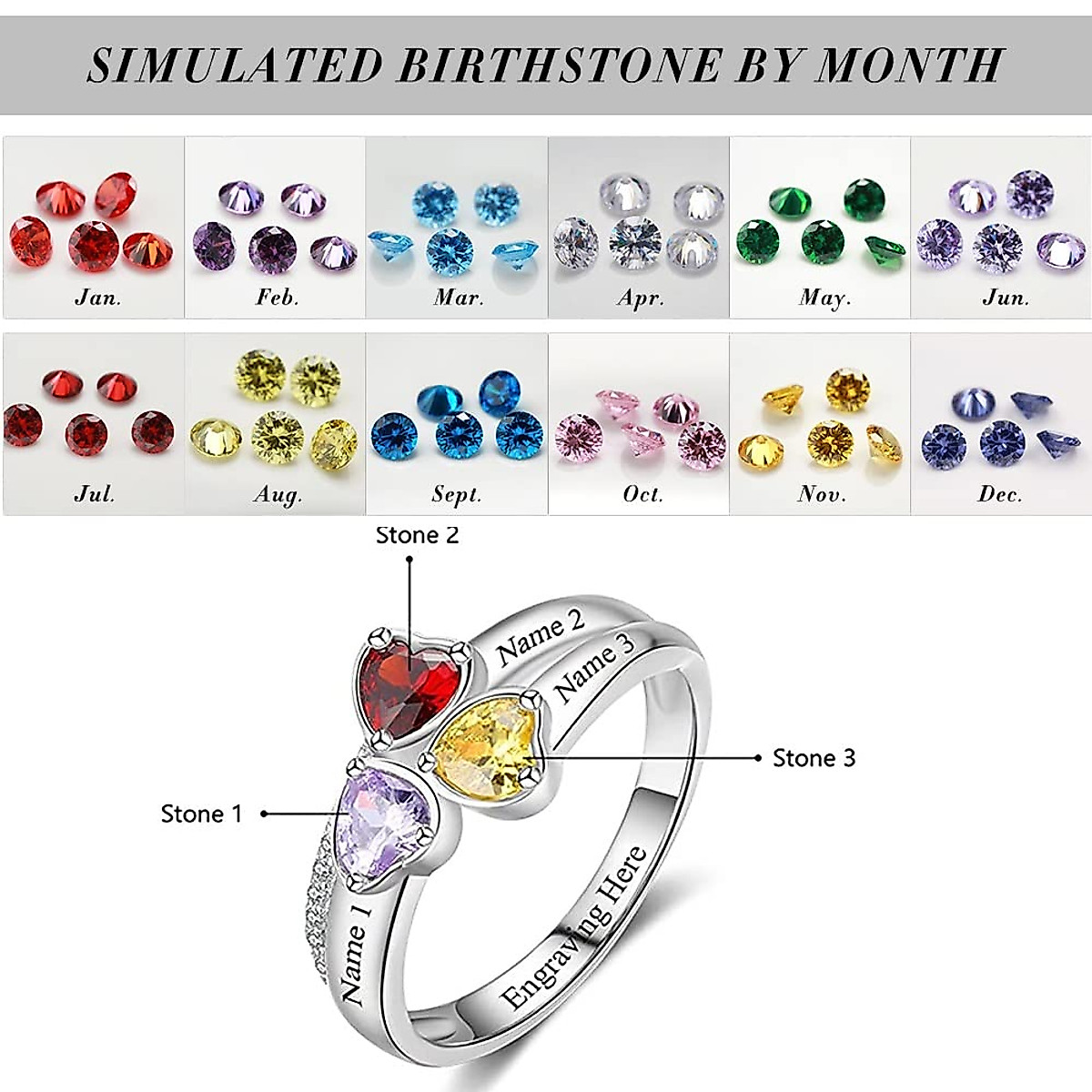 Mother's Day Gift Personalized Mother Daughter Ring with 3 Simulated Birthstones and Names 18K White Gold Filled 925 Sterling Silver Based Ring Customized Family Name Rings for Mother Grandmother Women Wife Birthday Mother’s Day Gift (A)