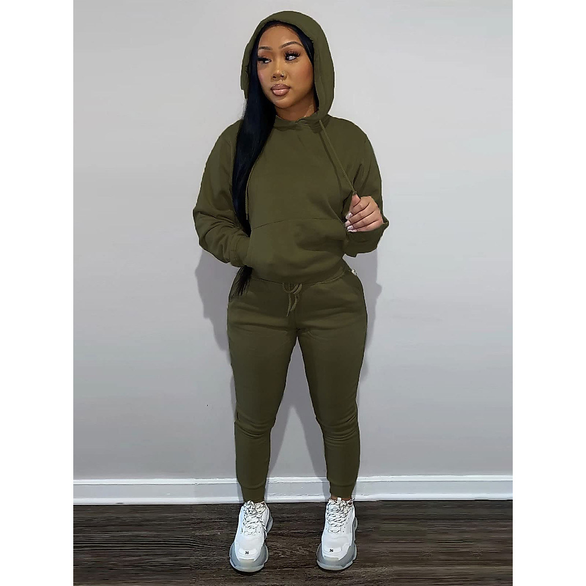 KANSOON Tracksuit for Women Set Two Piece Outfits Long Sleeves Top Hoodie Top Bodycon Jogger Pants Sweatsuits Green M