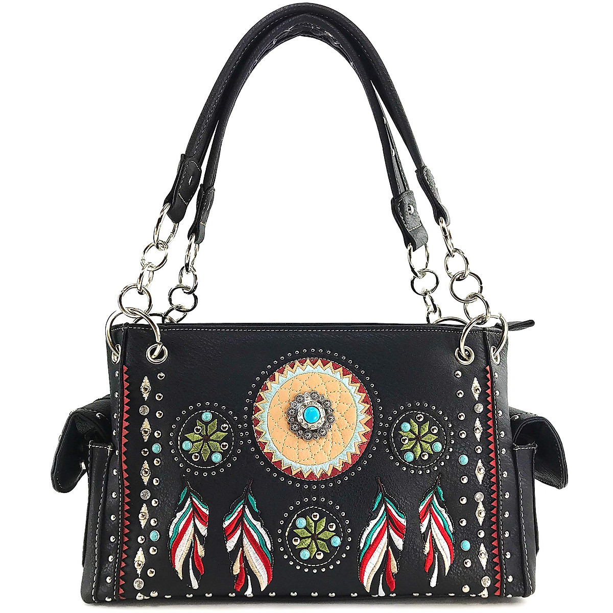 Zelris Tribal Dream Catcher Feather Embroidery CCW Concealed Carry Western Handbag And Wallet Set (Black)