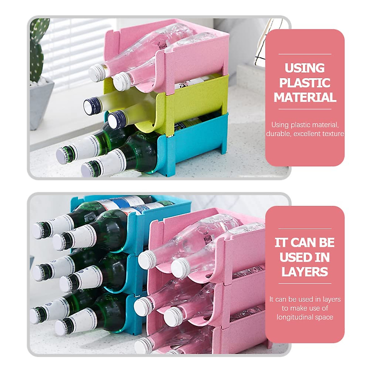 Hemoton 3pcs Refrigerator Bottle Storage Rack Wine and Water Bottle Organizer Stackable Plastic Wine Rack Beer Can Storage Box Holder for Pantry Countertop Pink