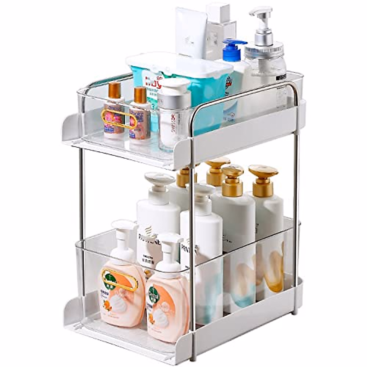 Pull Out Under Sink Organizer 2 Tier Multi Purpose Sink Organizers Storage for Bathroom Kitchen Sink Storage Organizer Sliding Cabinet Organizer,White,L