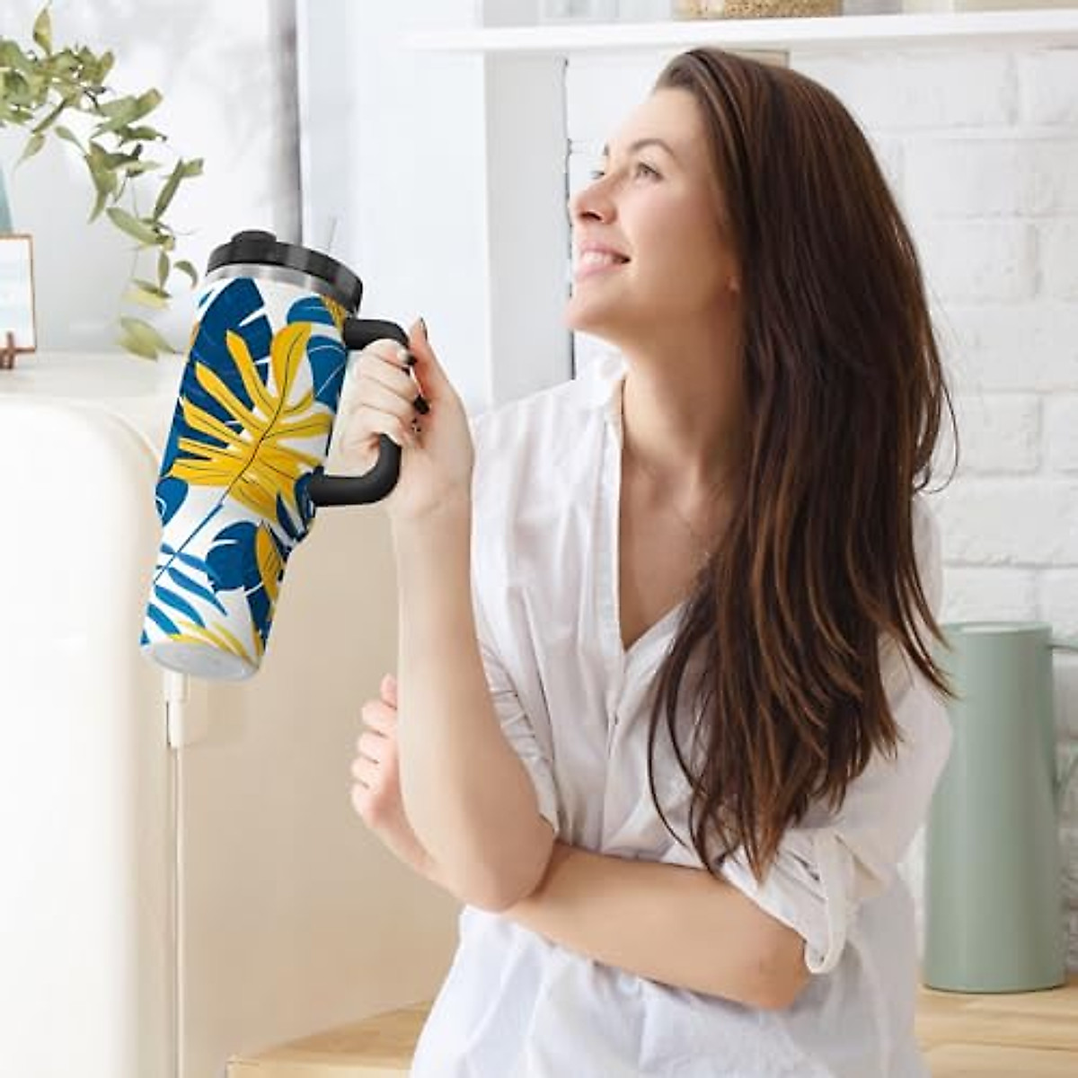 FRCSDIY Leaves Insulated Tumbler with Handle and Straw Lid,30oz Leakproof Stainless Steel Cup BPA-Free Water Bottle