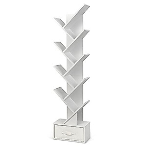 Giantex Tree Bookshelf with Drawer, 10 Shelf Space Saving White Wooden Bookcase, Freestanding Retro Wood Storage Rack, Decorative Bookshelf with Storage