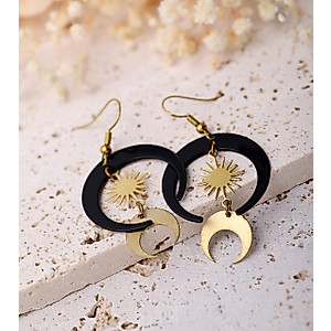 Sacina Gothic Boho Sun and Moon Earrings, Crescent Moon Star Pendant, Celestial Earrings, Goth Jewelry Gift for Women (Black Moon Sun)