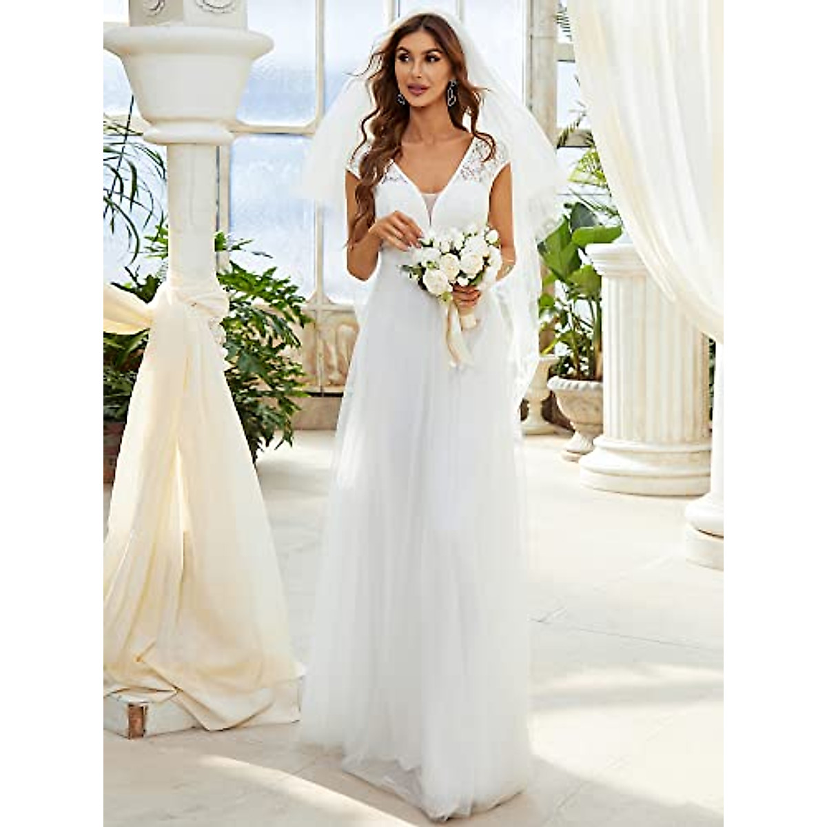 Ever-Pretty Women's Cap Sleeve Lace A-line V-Neck Long Evening Dress for Wedding Party White US8