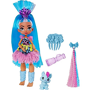 Mattel Cave Club Tella Doll (8-10-inch, Blue Hair) Poseable Prehistoric Fashion Doll with Dinosaur Pet and Accessories, Gift for 4 Year Olds and Up