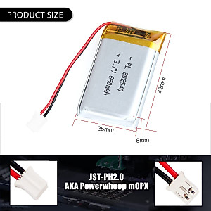 YDL 3.7V 650mAh 802540 Lipo Battery Rechargeable Lithium Polymer ion Battery Pack with PH2.0mm JST Connector