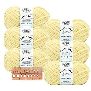 Lion Brand Yarn - Feels Like Butta Thick & Quick #6 Super Bulky - 6 Pack with Needle Gauge (Buttered Popcorn)