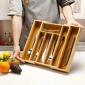 Nero Bamboo Expandable Drawer Organizer for Utensils Holder, Adjustable Home Organization & Storage for Kitchen Gadgets Silverware Cutlery Accessories Desk Craft Makeup Vanity Organizers