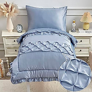 Toddler Bedding Set for Girls 4 Piece Pinch Pleated Grey Ruffle Fringe Pintuck Toddler Bed Comforter Set for Kids Bed-in-a-Bag Quilt Crib Sheet Set with Comforter,Flat Sheet,Fitted Sheet,Pillowcase