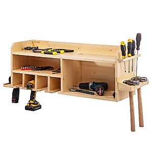 VEVOR Power Tool Organizer, Wall Mount Drill Holder, 4 Drill Hanging Slots Drill Charging Station, 3-Shelf Cordless Drill Storage, Polished Wooden Toolbox for Saw, Impact Wrench, Screwdriver Drill