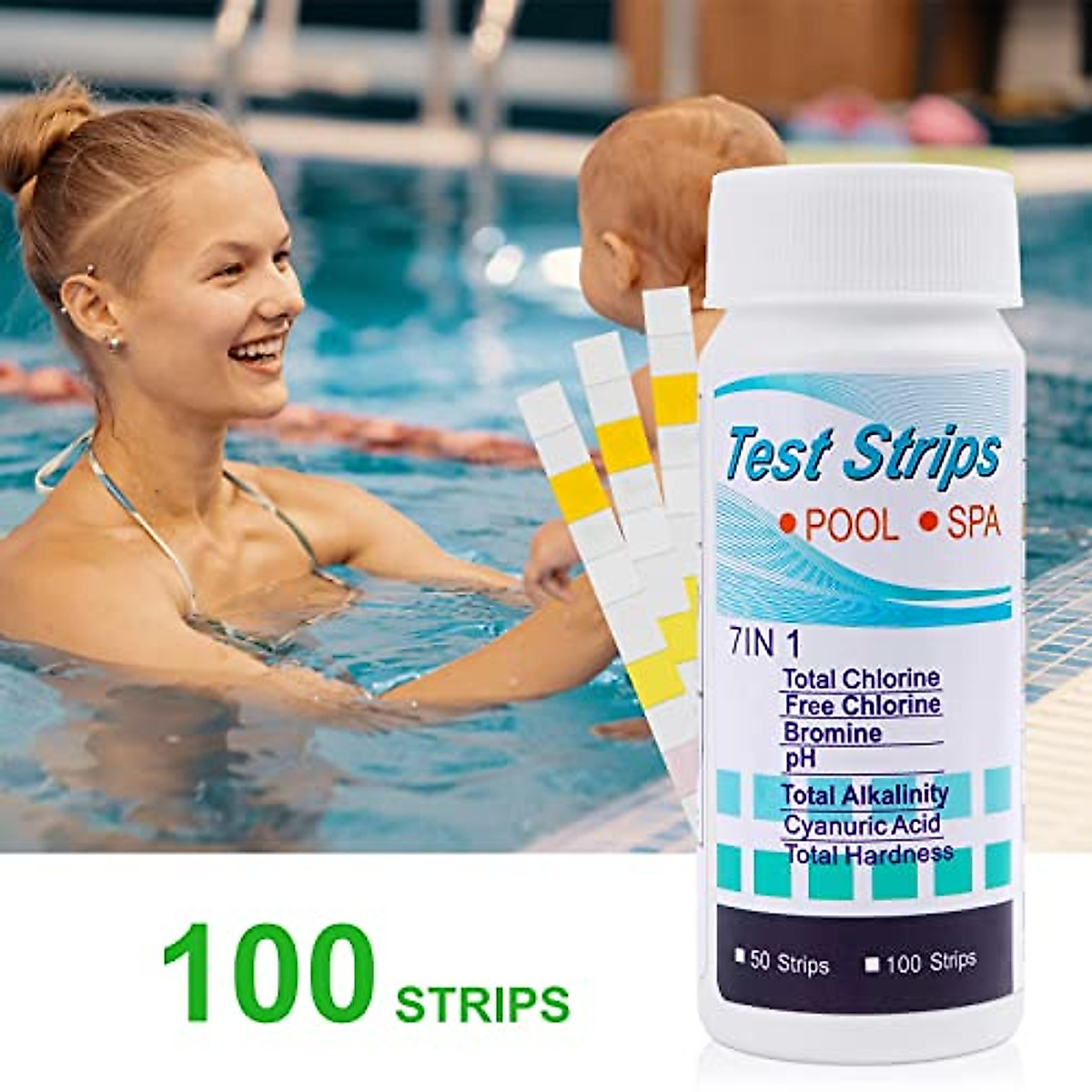 7 in 1 Pool and Spa Test Strips, 100PCS Swimming Pool Water Test Strip, Hot Tub Water Test Strips, Total Hardness, Total Chlorine, Bromine, Free Chlorine, PH, Cyanuric Acid & Total Alkalinity