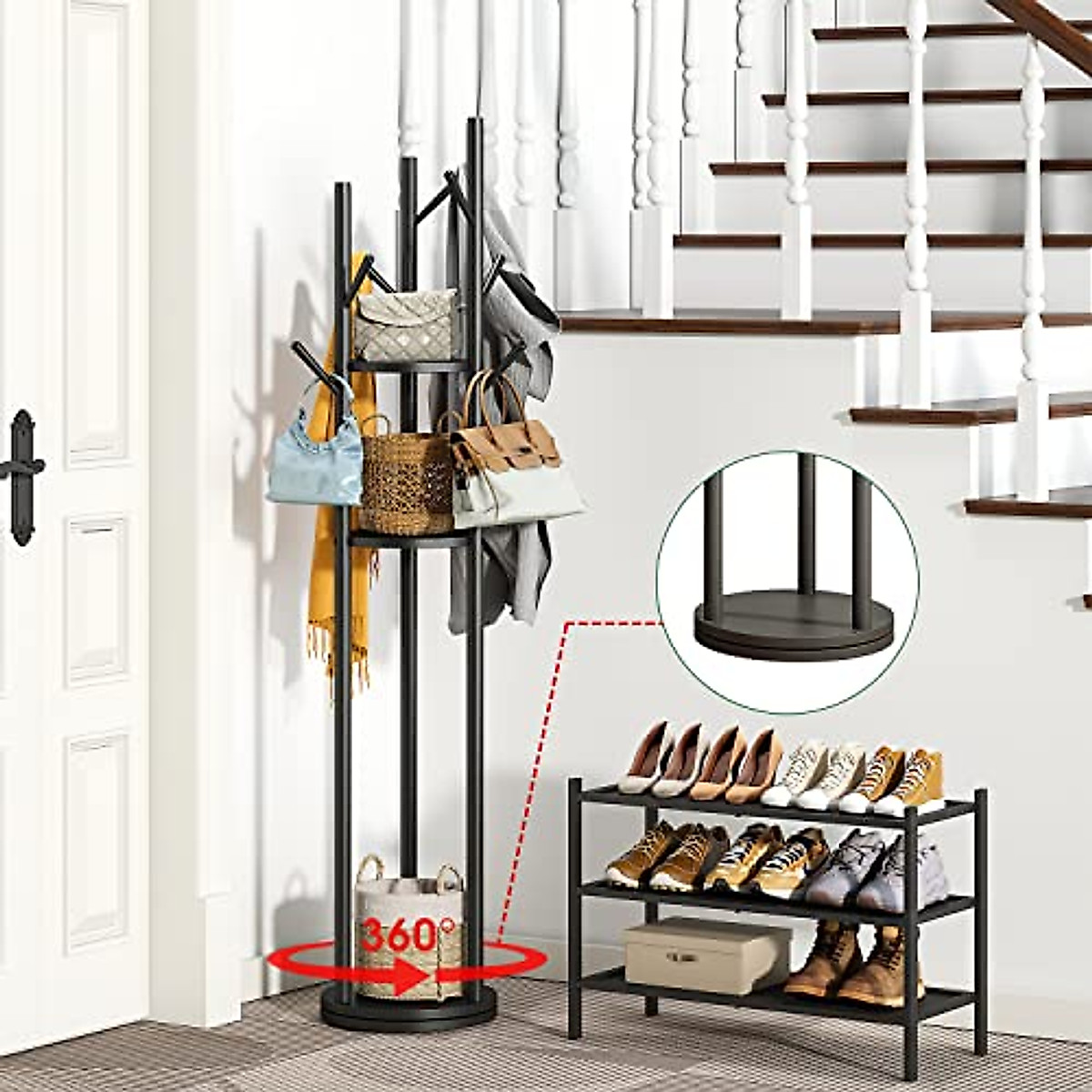 kiplant Rotary Coat Rack Stand with 8 Hooks, Bamboo Wood Coat Tree for Clothes/Bags/Hats, Coat Rack Freestanding for Home/Office/Entryway/Hallway