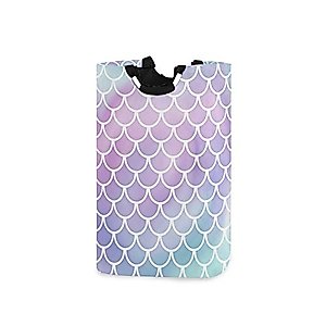 Blueangle Large Violet And Blue Mermaid Scales Laundry Basket Collapsible Oxford Fabric Laundry Hamper Foldable Clothes Laundry Bag with Handles