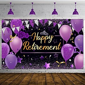 Blulu Retirement Party Decorations, Extra Large Fabric Retirement Sign Banner Photo Booth Backdrop Background with Rope for Retirement Party Favor(72.8 x 43.3 Inches,Purple and Black)