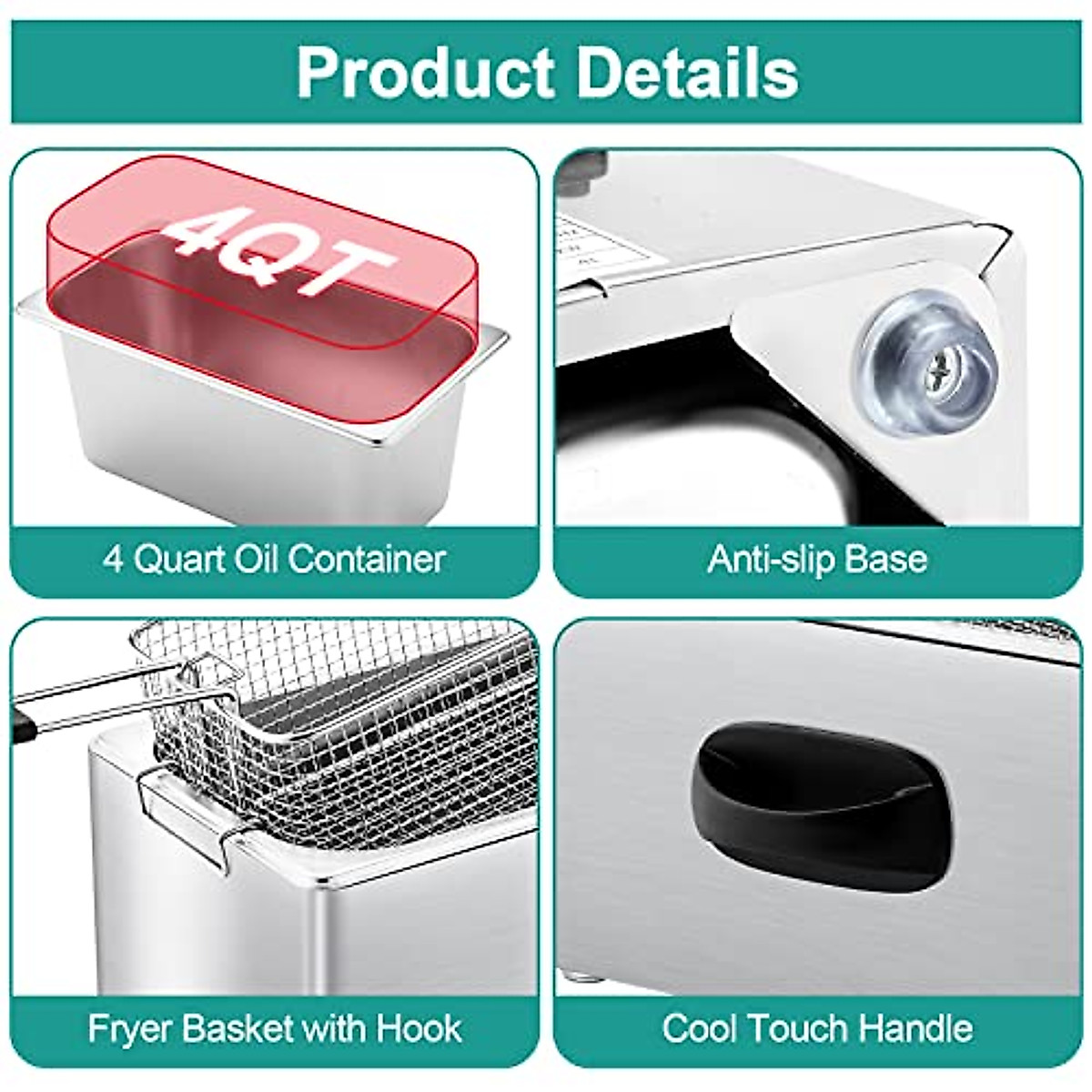 SUEWRITE Deep Fryer with Basket, 4.2 Qt Stainless Steel Electric Deep Fryer 1650W Oil Fryer Pot with Temperature Control Cool Touch Sides Silver