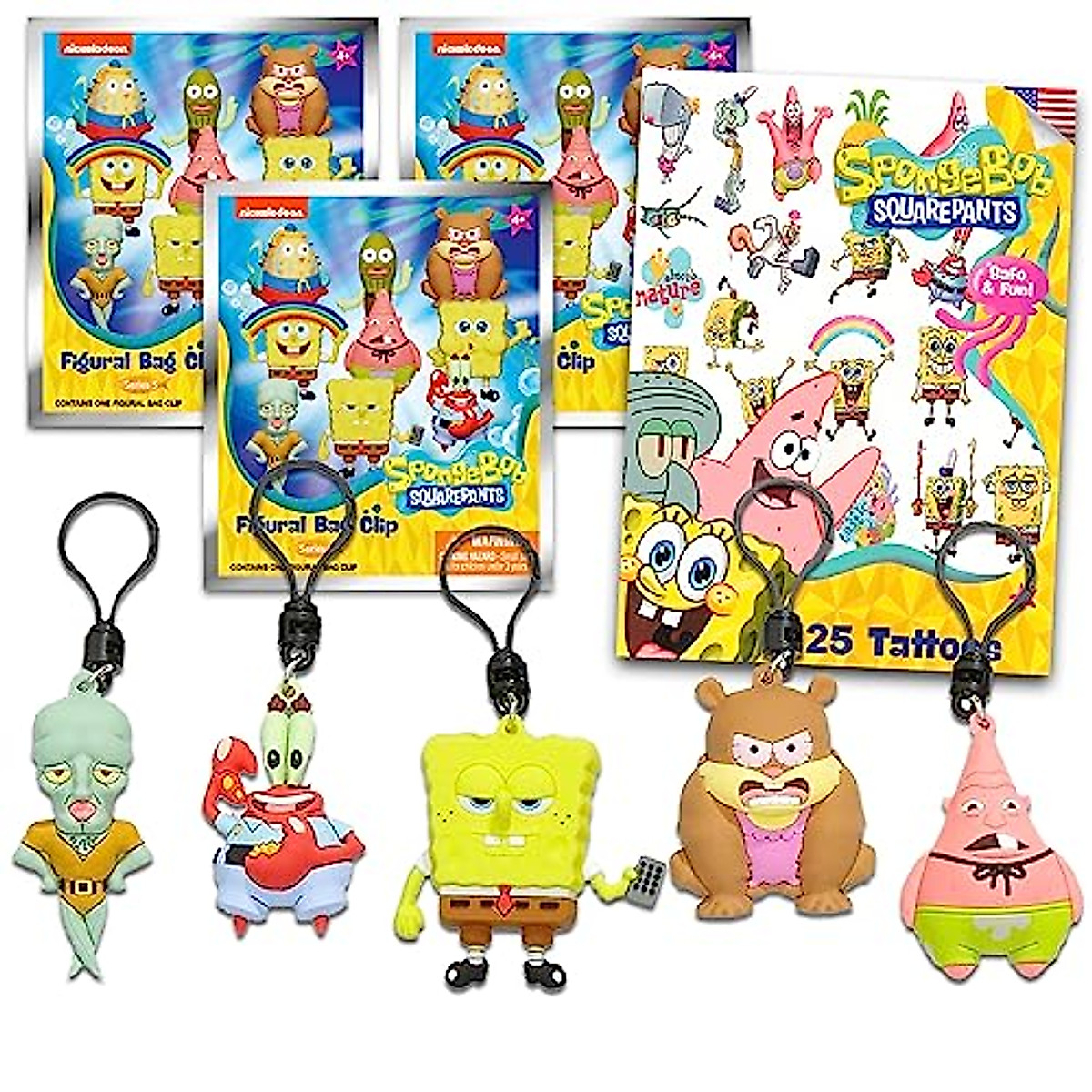 Spongebob Squarepants Blind Bags Party Favors 3 Pack - Bundle with 3 Spongebob Keychain Mystery Figures Plus Tattoos | Spongebob Bag Clips for Kids