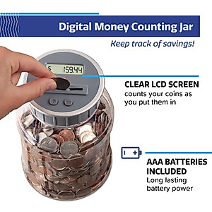 M&R Digital Counting Coin Bank. Batteries Included! Personal Coin Counter/Money Counting jar, totals up Your Savings- Works with All U.S. Coins-in Retail Packaging.