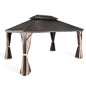 Patio Tree 10' x 12' Hardtop Aluminum Permanent Gazebo Outdoor Double Roof Gazebo Canopy with a Mosquito Net and Privacy Sidewalls