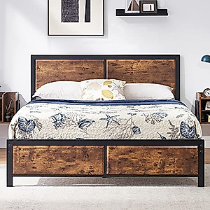 VECELO Queen Platform Bed Frame/Mattress Foundation with Rustic Vintage Wood Headboard, Strong Metal Slats Support, No Box Spring Needed