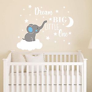 Dream Big Little One Elephant Wall Decal, Quote Wall Stickers, Baby Room Wall Decor, Vinyl Wall Decals for Children Baby Kids Boy Girl Bedroom Nursery Decor Y42 (Blue,White(Boy))