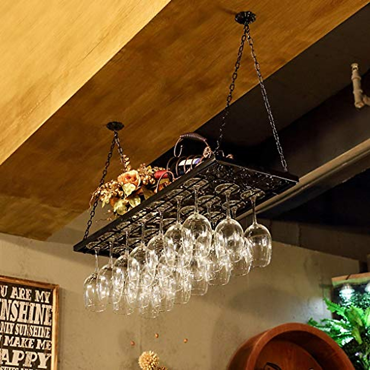 Iron Hanging Wine Glass Racks, Vineyard Chain Adjustable Ceiling Mounted Hanging Stemware Holder Wine Glass Hanger Wine Glass Organizer Rack J1028, PIBM, Black, 100cm