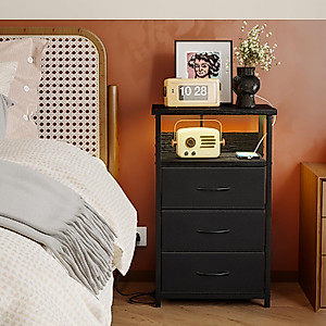 Fixwal Night Stand with Charging Station, LED Nightstand with U-S-B Ports and Outlets, 3 Fabric Storage Drawers with PU Finish, Bedside Table, Black